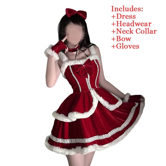 Новогодний костюм горничной из красного плюша, ролевая игра Санта-Клауса, милая леди, милый красный рождественский бант, новогодний комплект сценической одежды для вечеринки