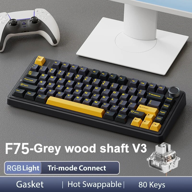 AULA F75Pro Прокладка Беспроводная игровая механическая клавиатура RGB Индивидуальная раскладка 75% Колпачки клавиш из ПБТ с боковой гравировкой