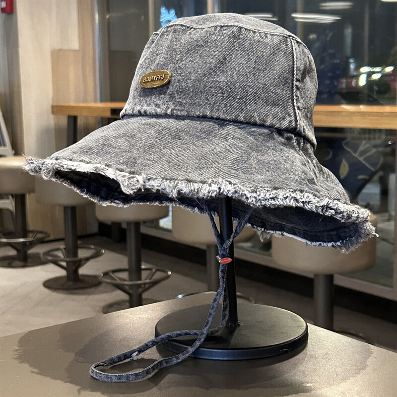 Японская джинсовая рыбацкая шляпа для мужчин и женщин, летняя уличная шляпа от солнца в стиле ретро, маленькая шляпа-тазик со старой меховой опушкой