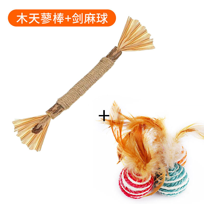 Палочка для чистки зубов с котовым мятным 22 см + перьевая шарик из джута, случайный цвет 3 шт, интерактивная игрушка