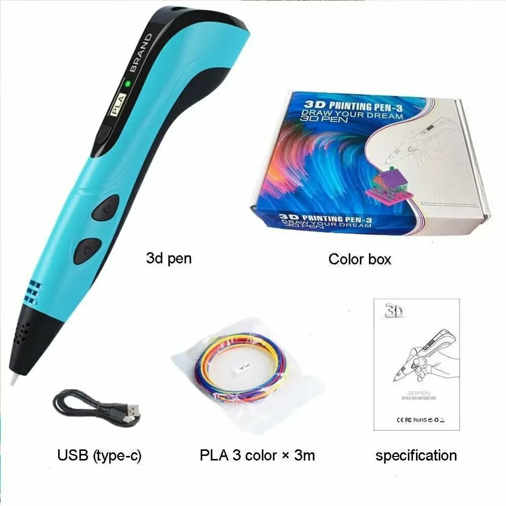 3D ручка 3D BABY PEN-3 мир фантазий в твоих руках с трафаретами + коврик + стержни + шомпол, синяя. 3Д Ручка для детей, школы, дома, творчества