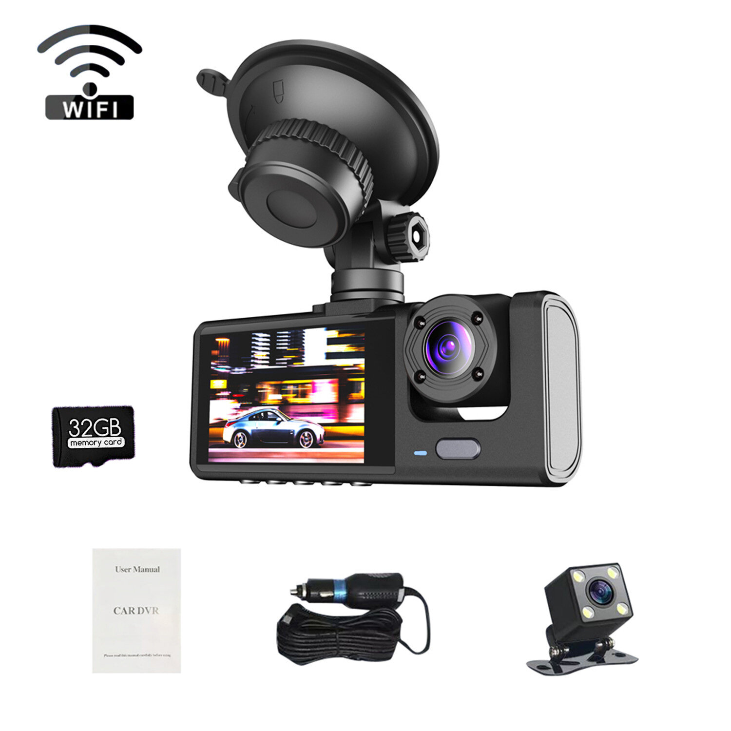 DVR видеорегистратор для автомобиля 1080P передняя и задняя камеры 2-дюймовый экран поддерживает ночное видение циклическую запись одноклавишное блокирование стандартная версия с картой памяти 32G черный цвет ABS 1080P передняя камера 480P внутренняя