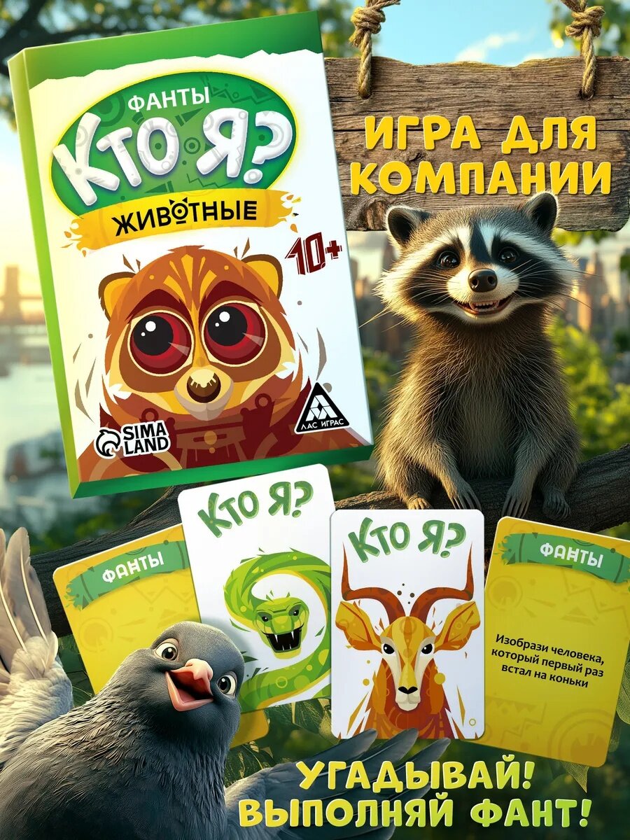 Фанты ЛАС играс "Кто я? Животные", 20 карт, для детей и малышей от 10 лет