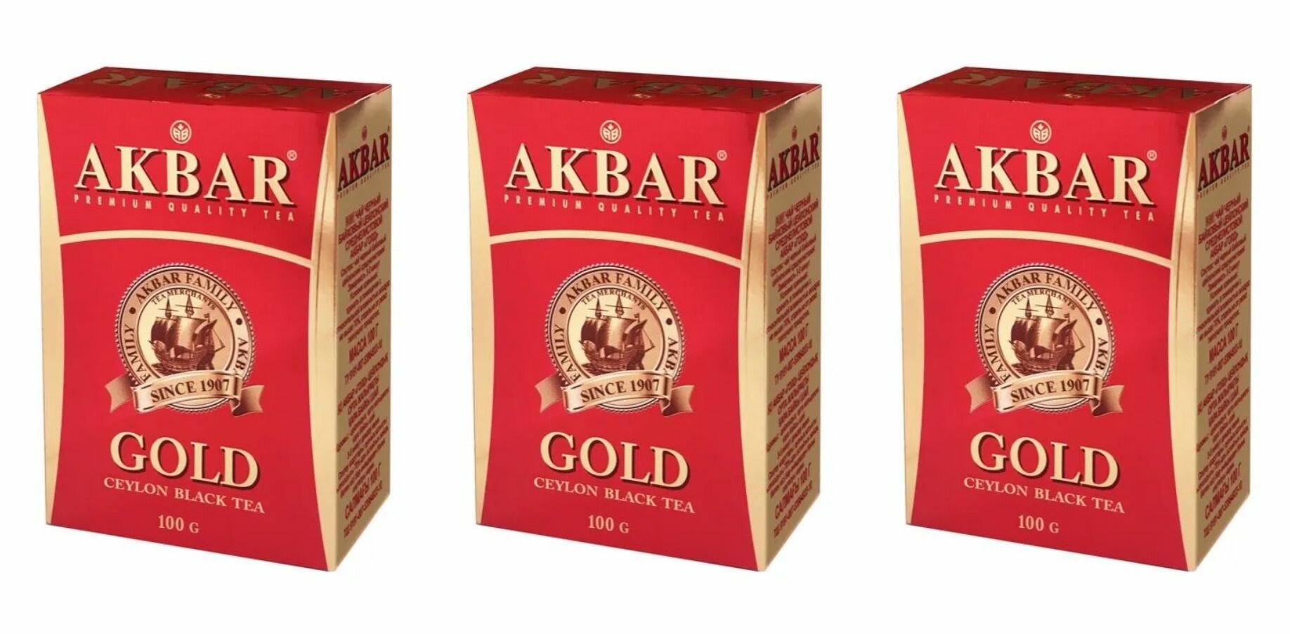 Akbar Чай листовой Золотой, FBOP, черный, 100 г, 3 уп