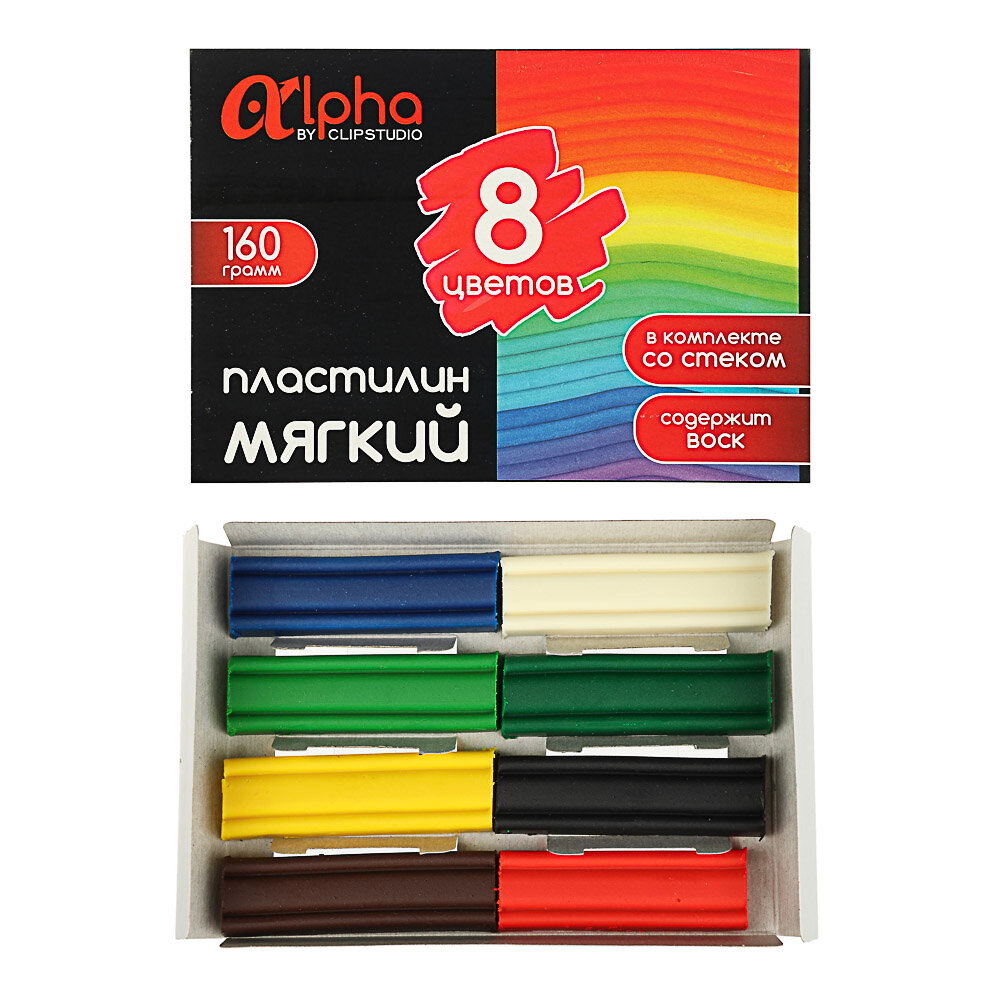 Пластилин мягкий, 8 цв. 160г "Альфа", со стеком, в картонной коробке с выб. лаком, премиум