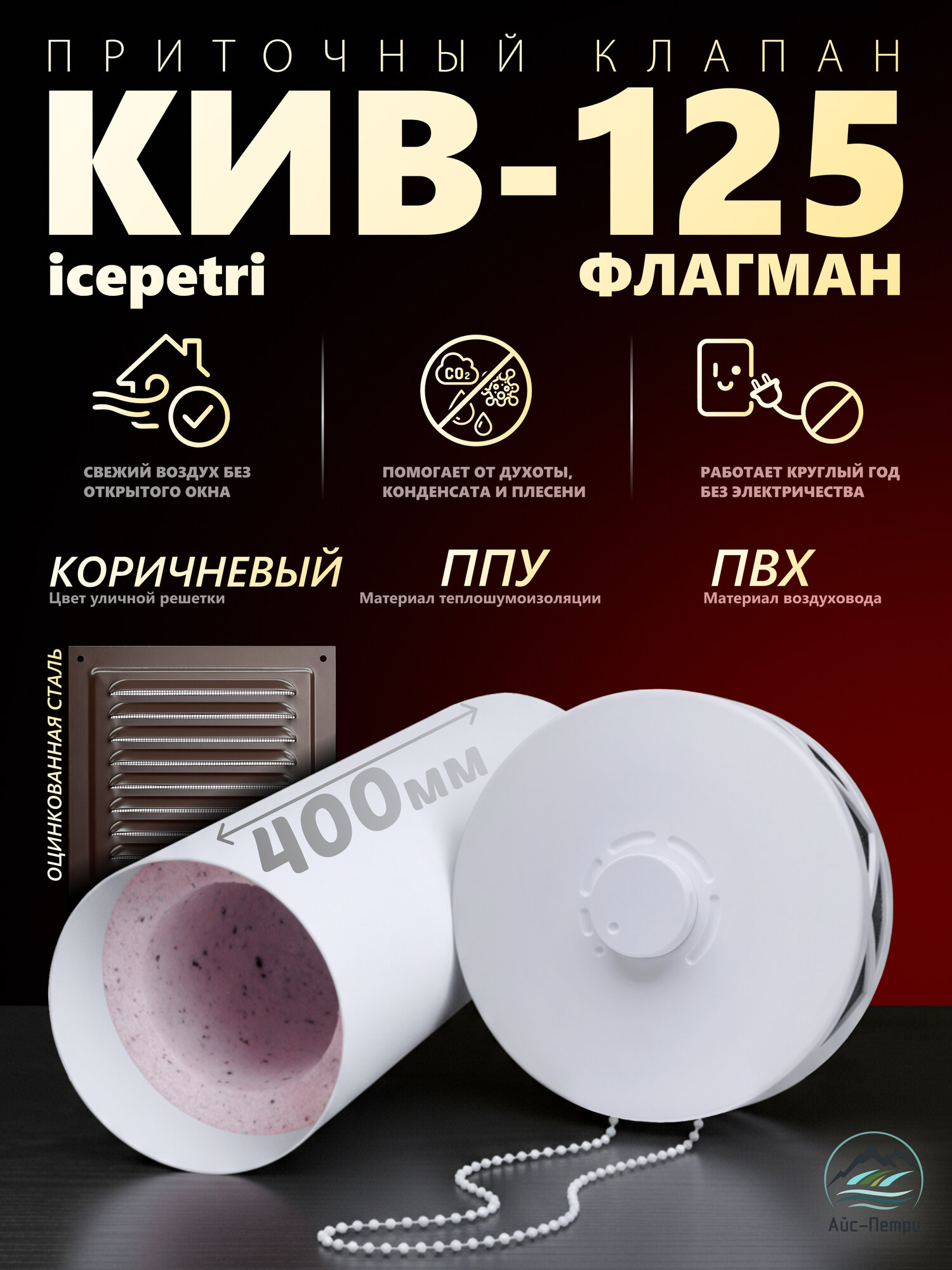 Приточный клапан КИВ-125 Флагман 400 ПВХ квадрат. реш. коричневый