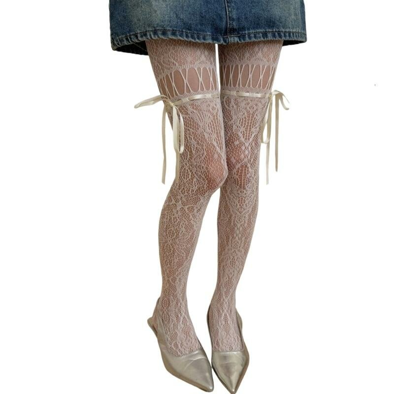 Женские чулки сеткой с подвязками, Белый