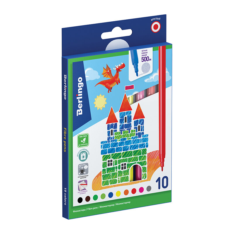 12 шт. Фломастеры Berlingo "Замки", 10цв, смываемые, картон, европодвес