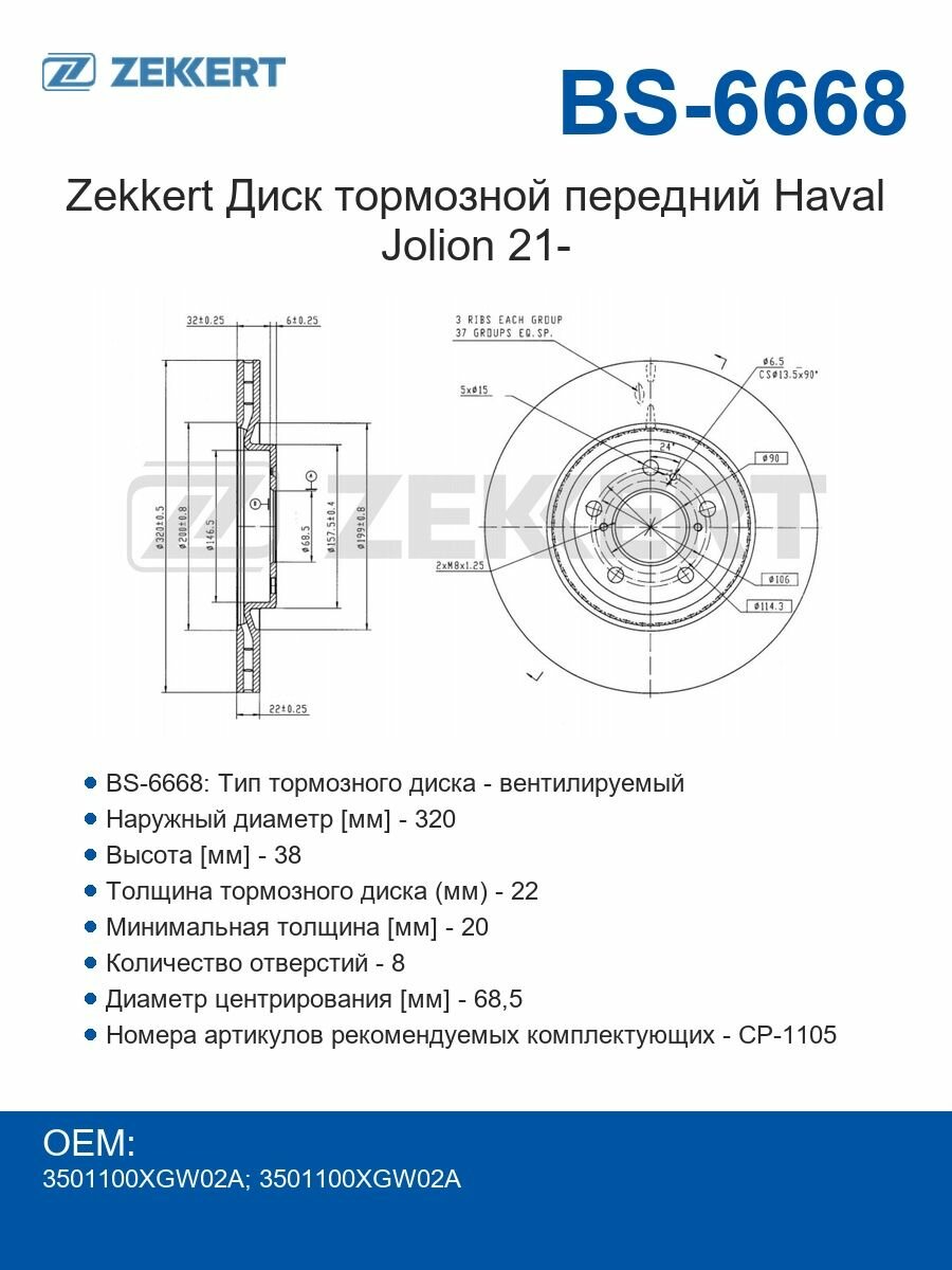 Zekkert Диск тормозной передний Haval Jolion 21-