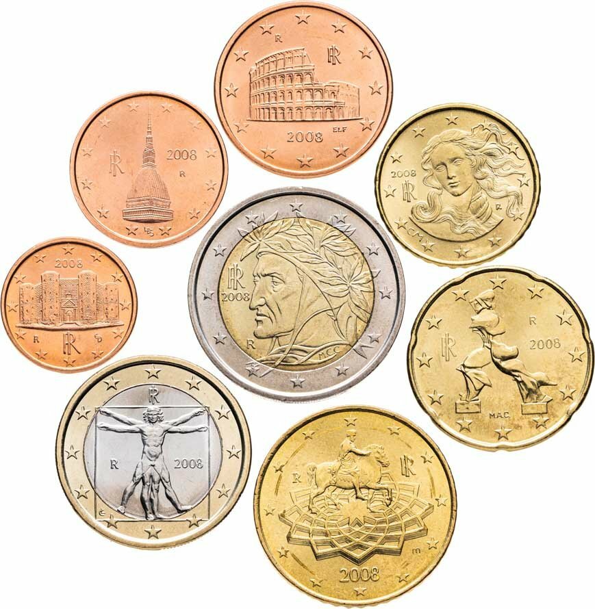 Италия полный годовой набор евро 2008 8 монет, Биметалл, в сохранности UNC