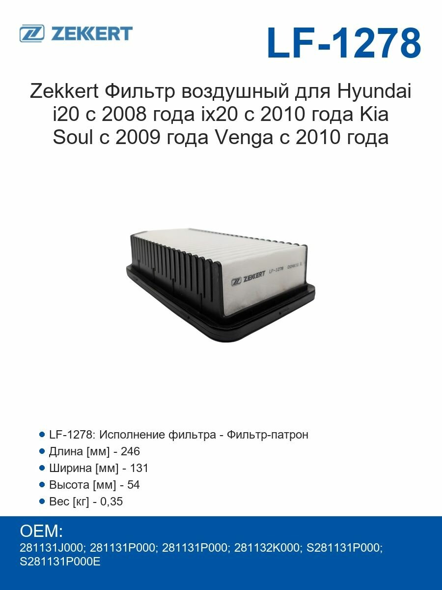 Zekkert Фильтр воздушный для Hyundai i20 с 2008 года ix20 с 2010 года Kia Soul с 2009 года Venga с 2010 года