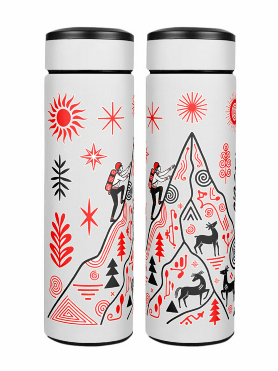 Термос «Альпинист - скалолаз в стиле мезенской росписи» (белый)