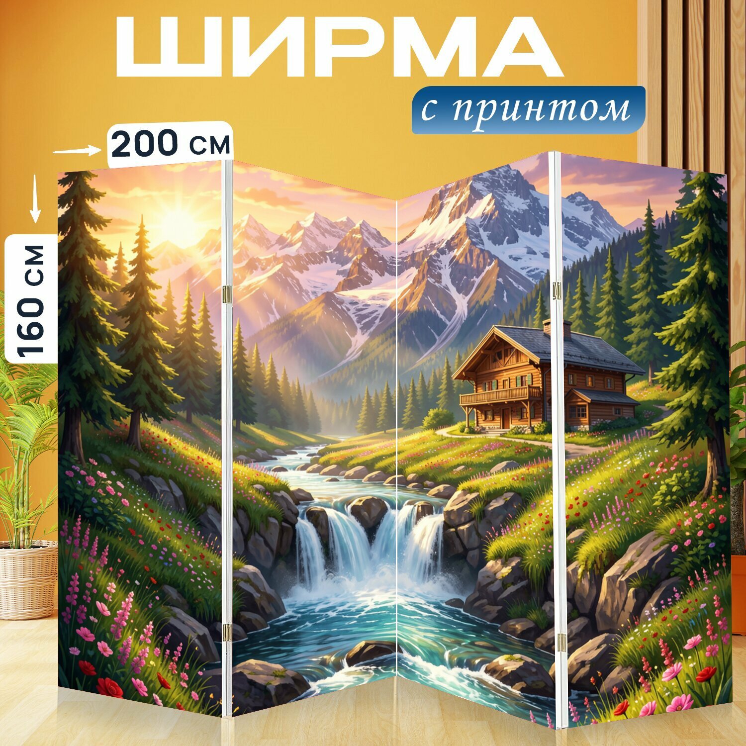 Ширма "Альпийский дом у горной реки. Живописная панорама с заснеженными вершинами, хвойным лесом, деревянным." перегородка для зонирования комнаты с принтом 200x160 см. на холсте
