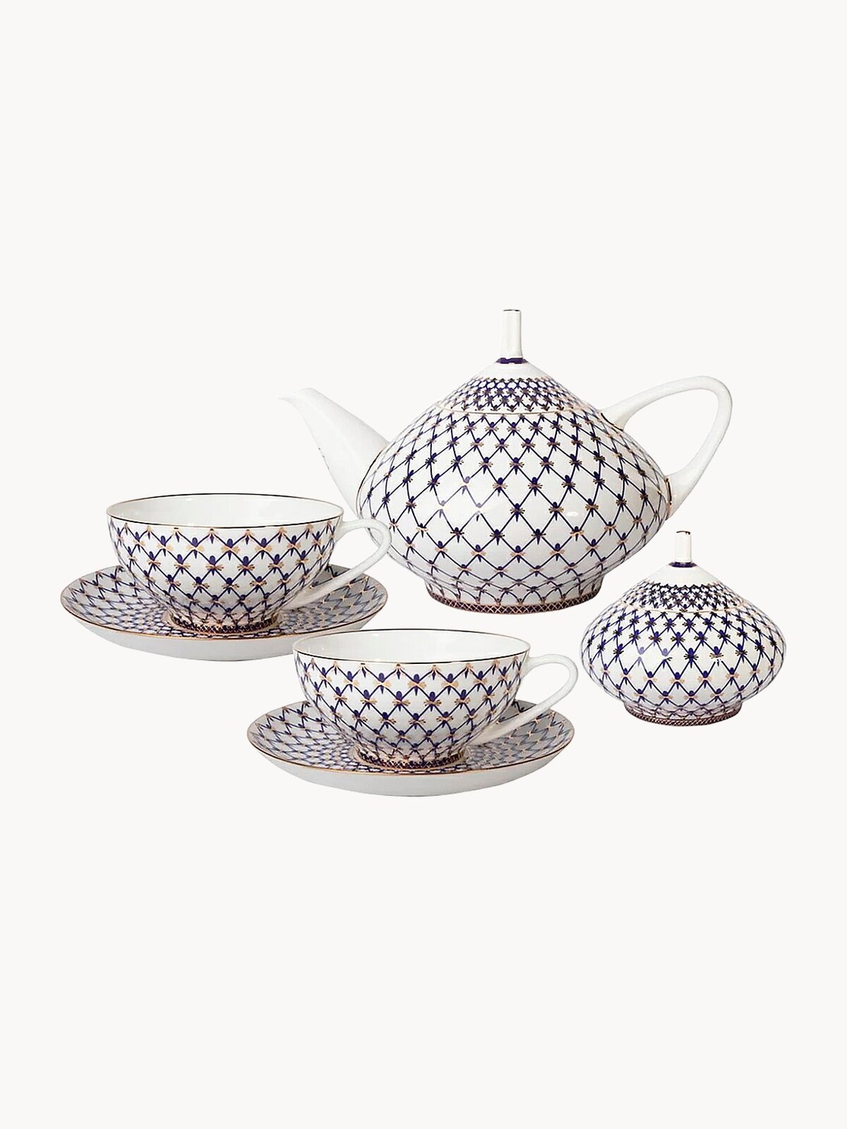 Сервиз чайный "Кобальтовая сетка" форма Купольная 6 персон, 14 предметов, Императорский фарфоровый завод