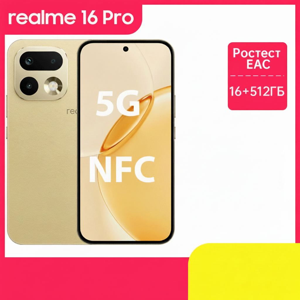 Русская версия realme 16 Pro 5G NFC MediaTek Ad TWS Earphone, Золотой, 16ГБ, 512ГБ, 16GB 512GB Gold