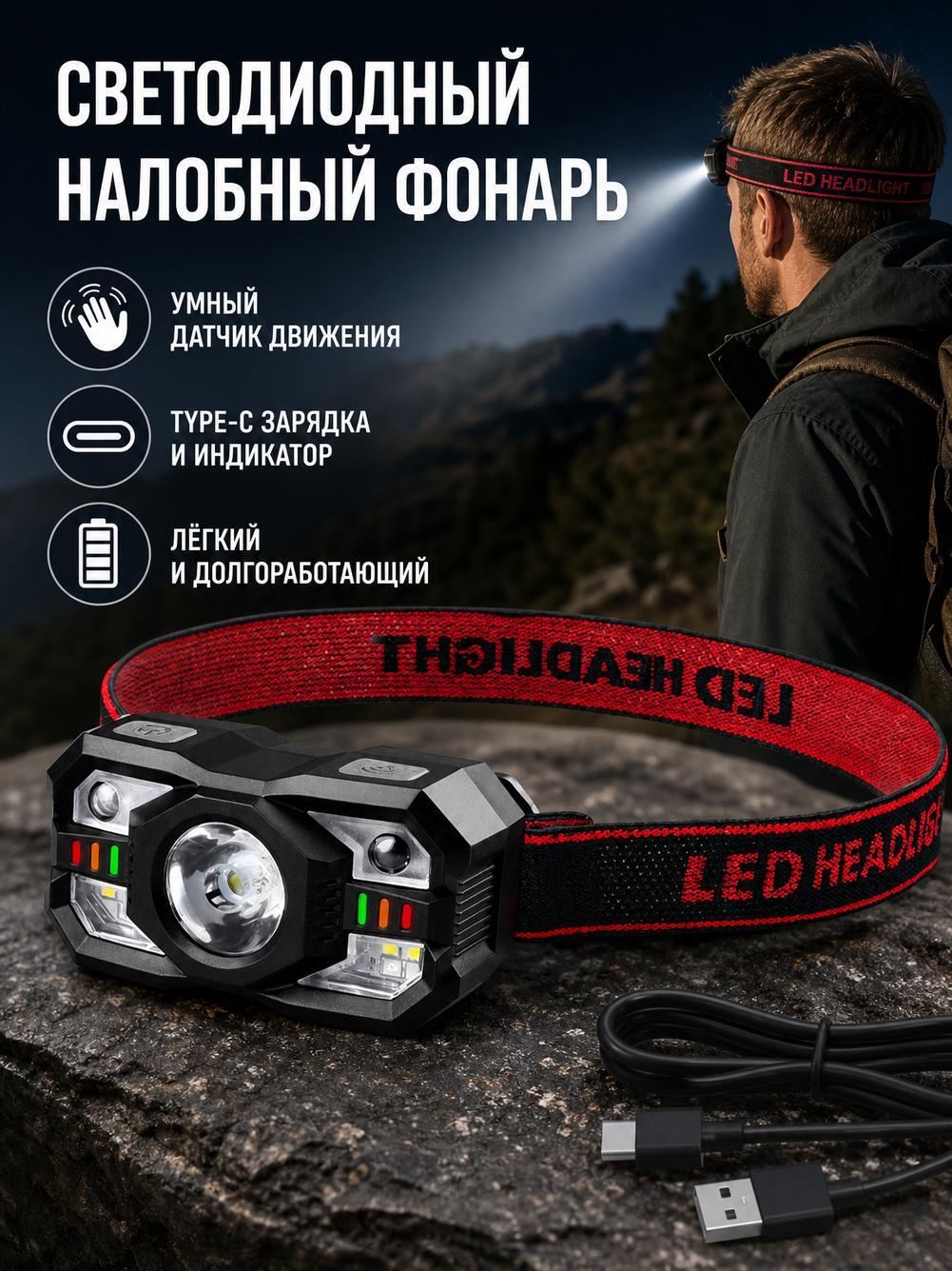 Налобный фонарь аккумуляторный с датчиком движения, LED, Type-C, яркий многофункциональный для рыбалки, работы и туризма