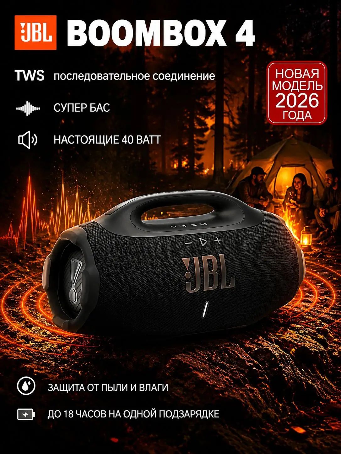 JB.L BOOMBOX4 Беспроводная колонка мощный бас для улицы и дома чёрный