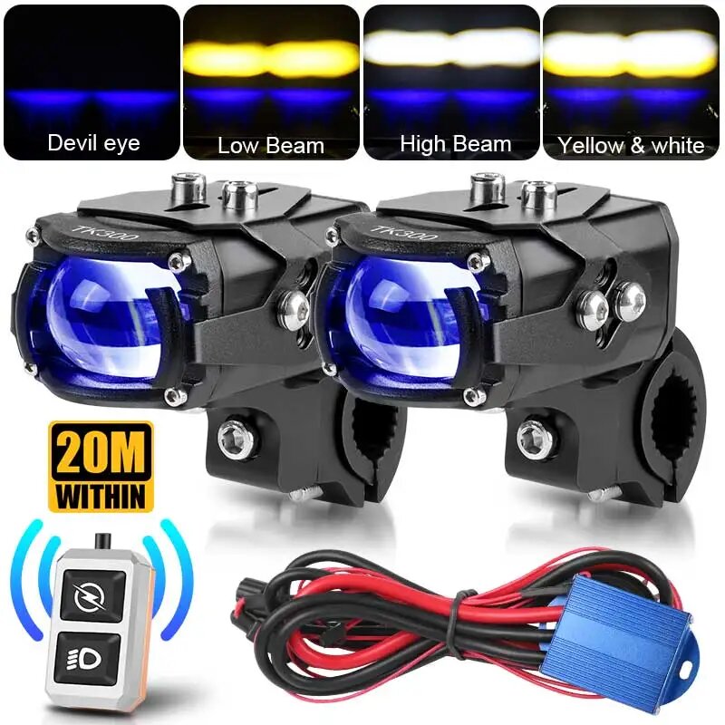 100 Вт Внешний фонарь-прожектор для мотоцикла, дополнительная противотуманная фара, светодиодная фара «Голубой глаз дьявола» с беспроводным пультом ДУ для Cafe Racer