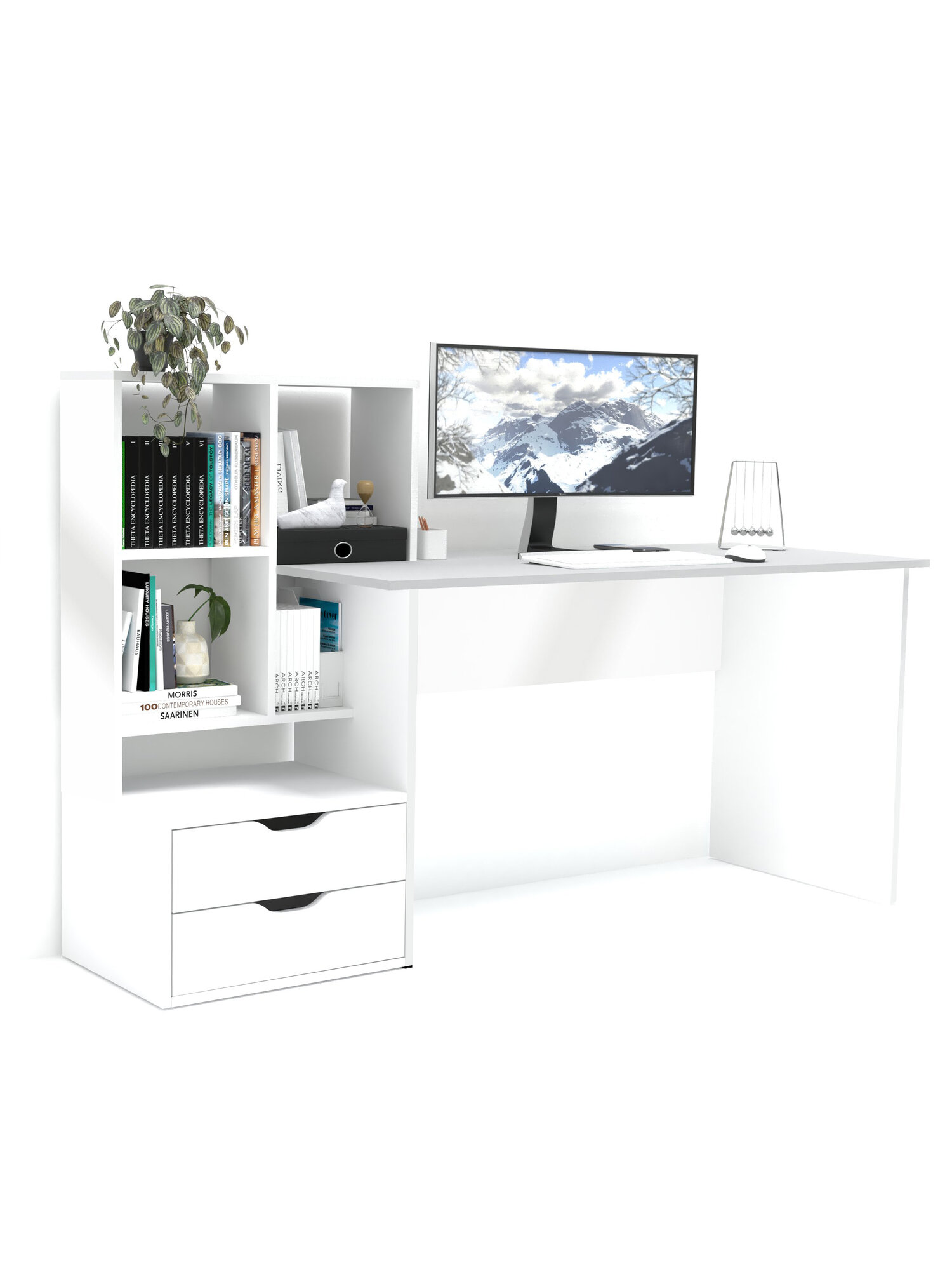 Есэндвич Лаворо 5 Письменный стол со стеллажом и ящиками 170х110х60 см левый (Белый/Белый глянец)