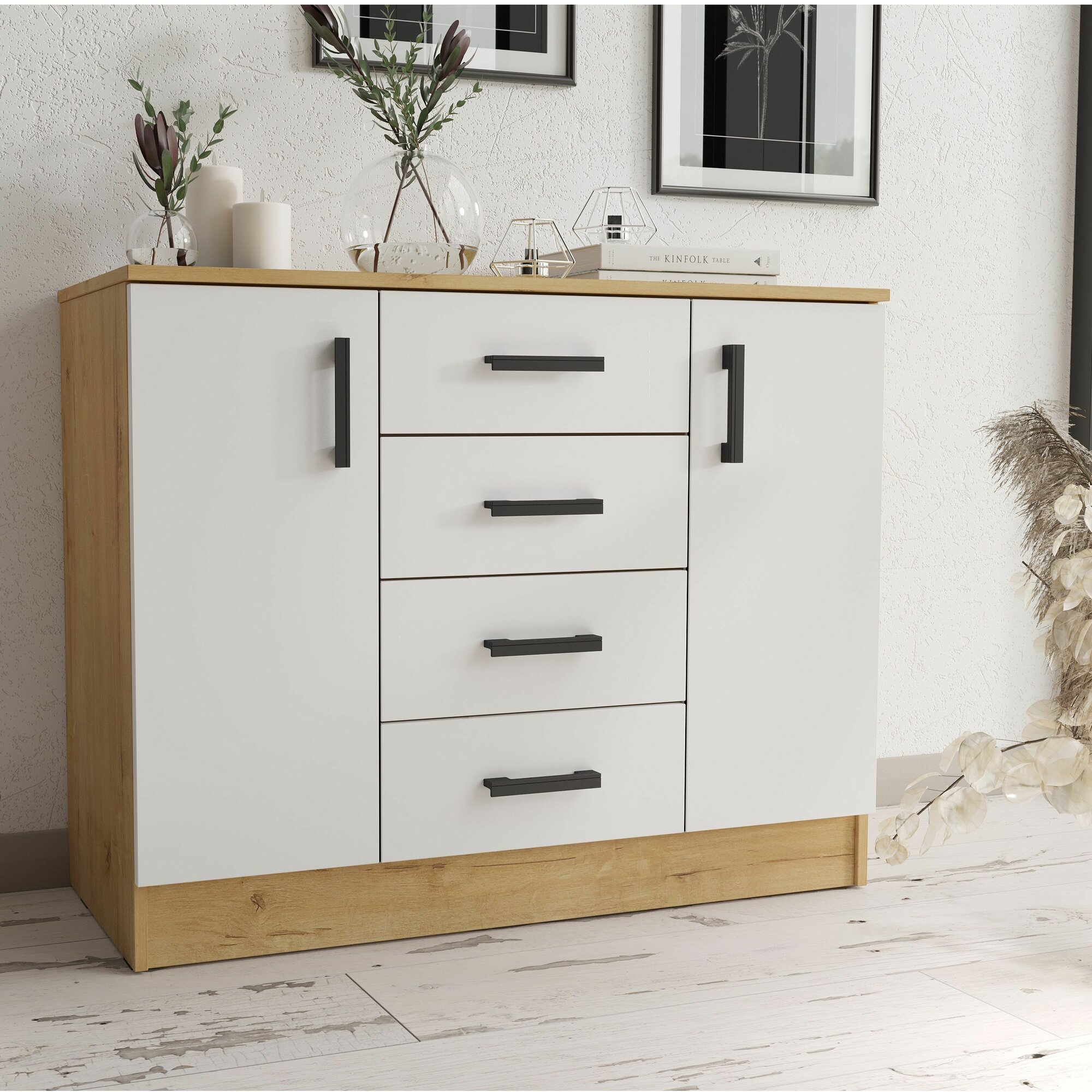 Комод К1000-2Д с 4я ящиками и с двумя отделениями с полкой Дуб Вотан/Белый гладкий 100х44x83 см