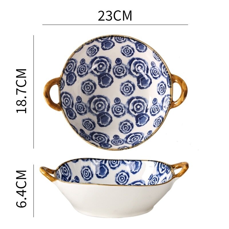 Большая керамическая суповая миска с двойной ручкой и защитой от ожогов / Цветочная салатница миска для лапши