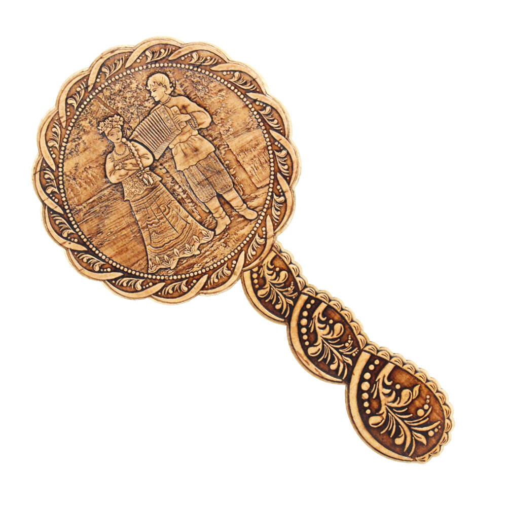 Зеркало круглое с ручкой из бересты "Иван да Марья", (Ручная работа).