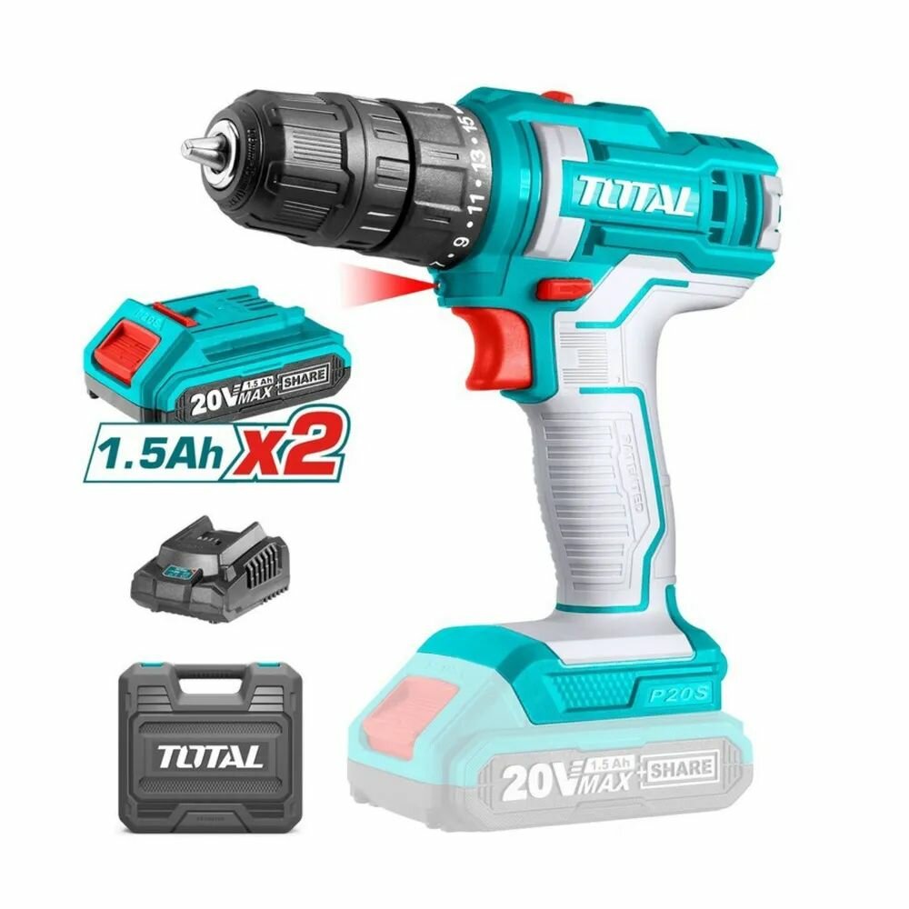 Аккумуляторная дрель-шуруповерт с быстрозажимным патроном 20В 45Нм TOTAL TDLI20028