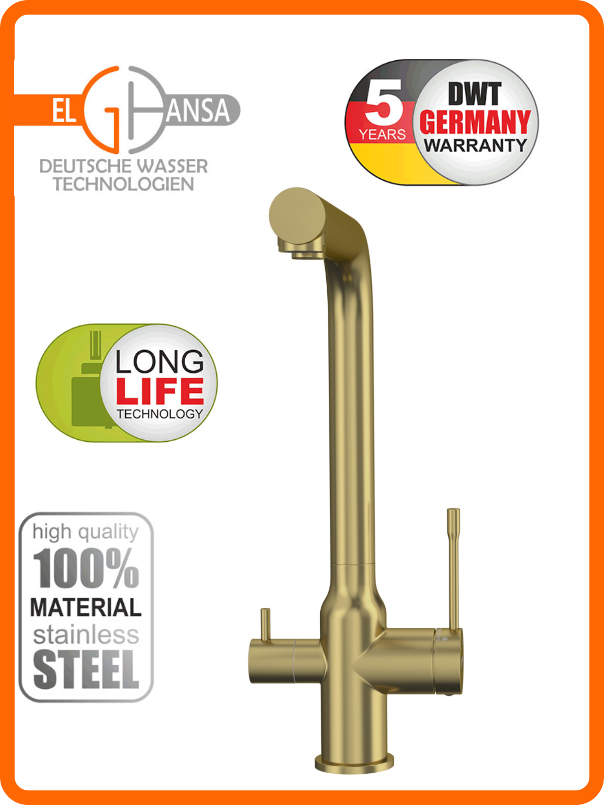 Смеситель для кухни с подключением фильтра питьевой воды. Нержавеющая сталь 56A5026-MattGold Цвет Матовое Золото