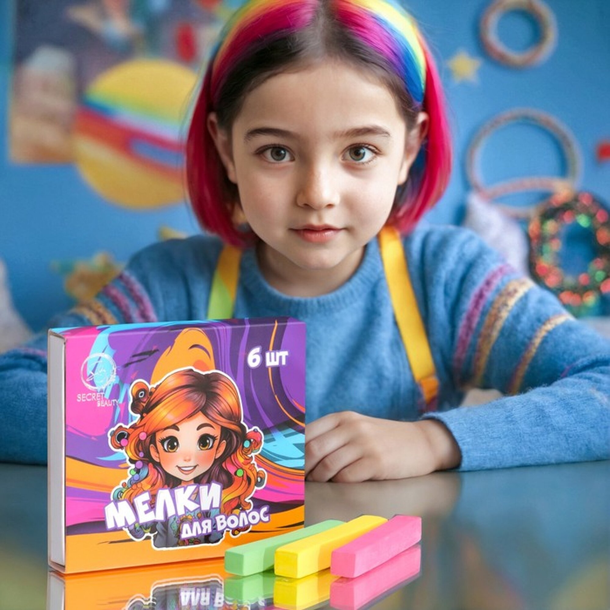 Мелки для волос Secret Beauty, разноцветные, легко смываются, с 3 лет, 6 штук