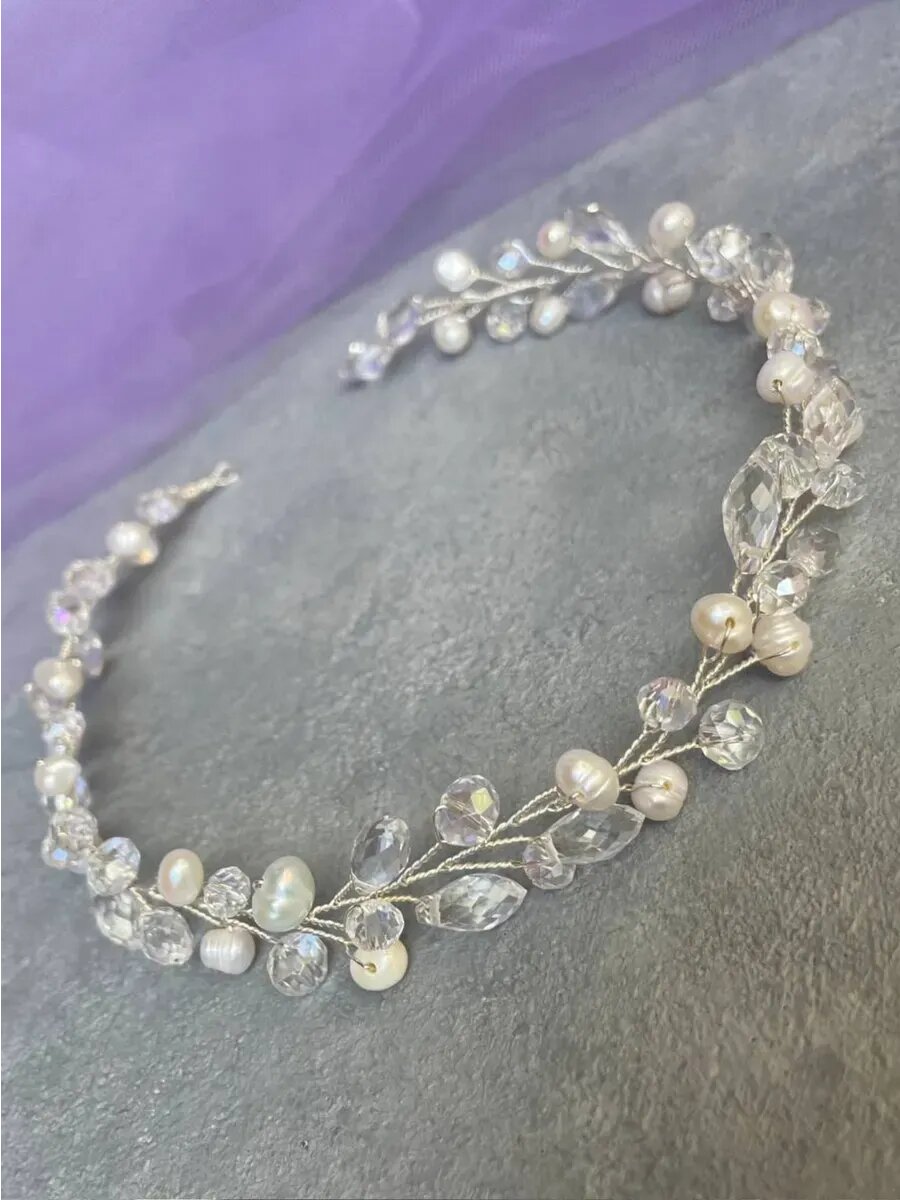 3007 Диадема венок ободок невесте из натурального жемчуга А+