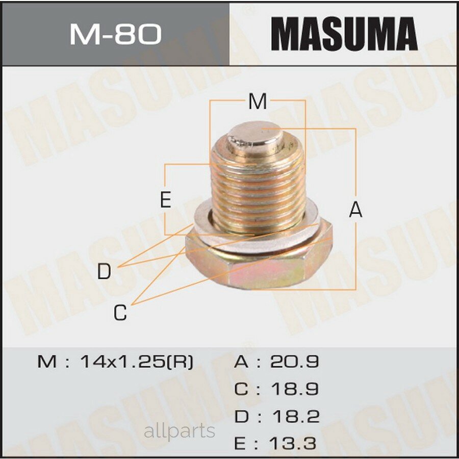 MASUMA M-80 Болт маслосливной A/T С магнитом (с шайбой) RENAULT 14x1.25(R) MASUMA M-80