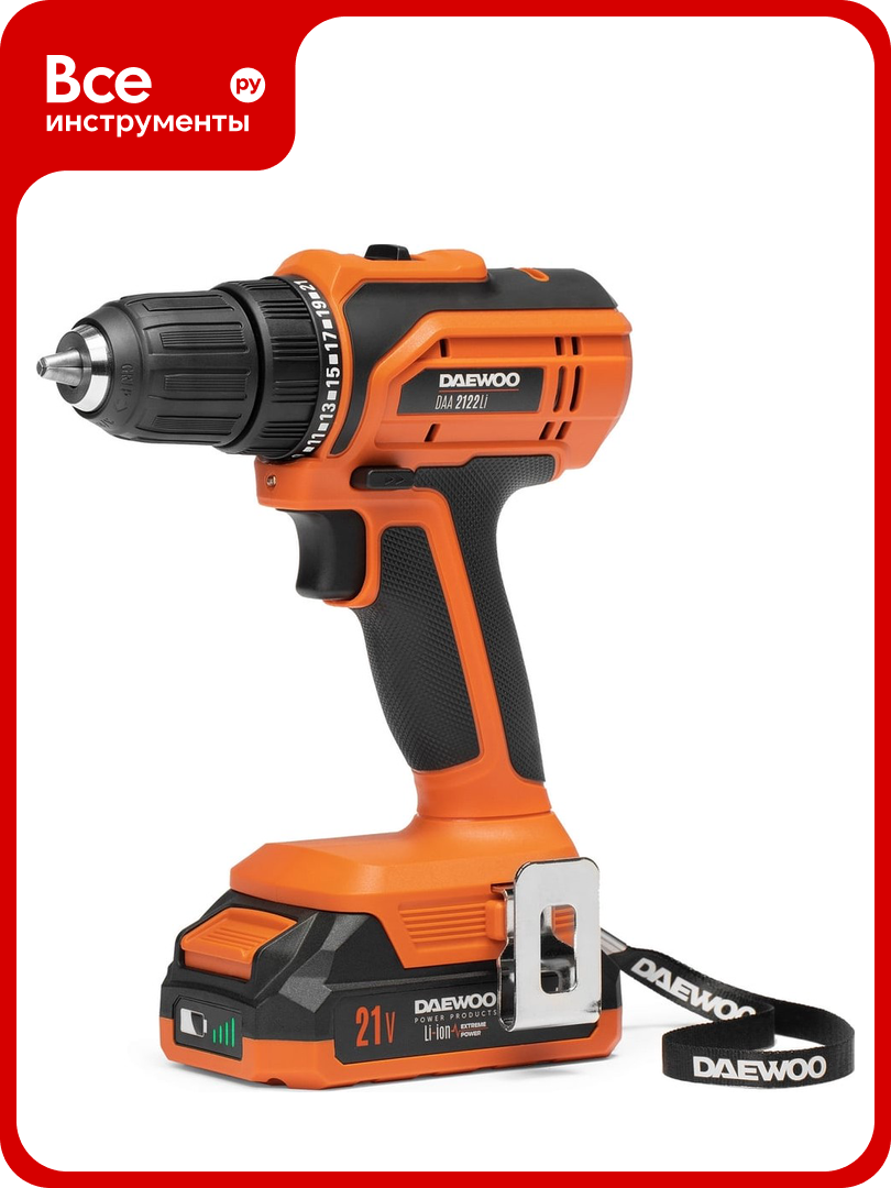 Аккумуляторная дрель-шуруповерт Daewoo с двумя режимами работы, реверсом, подсветкой и двумя аккумуляторами 2 Ач для универсального использования