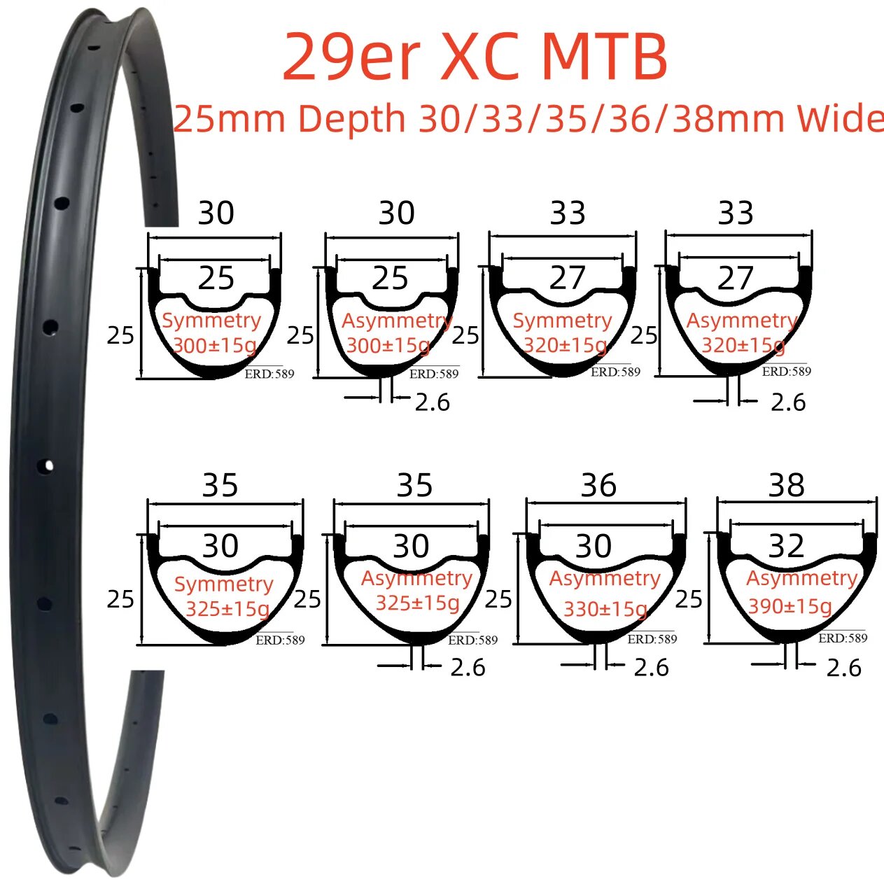 Карбоновые обода для MTB 29er, 25 мм глубина, UD Matte, Asymmetry, 28 Hole, 25x36mm (inner 30)