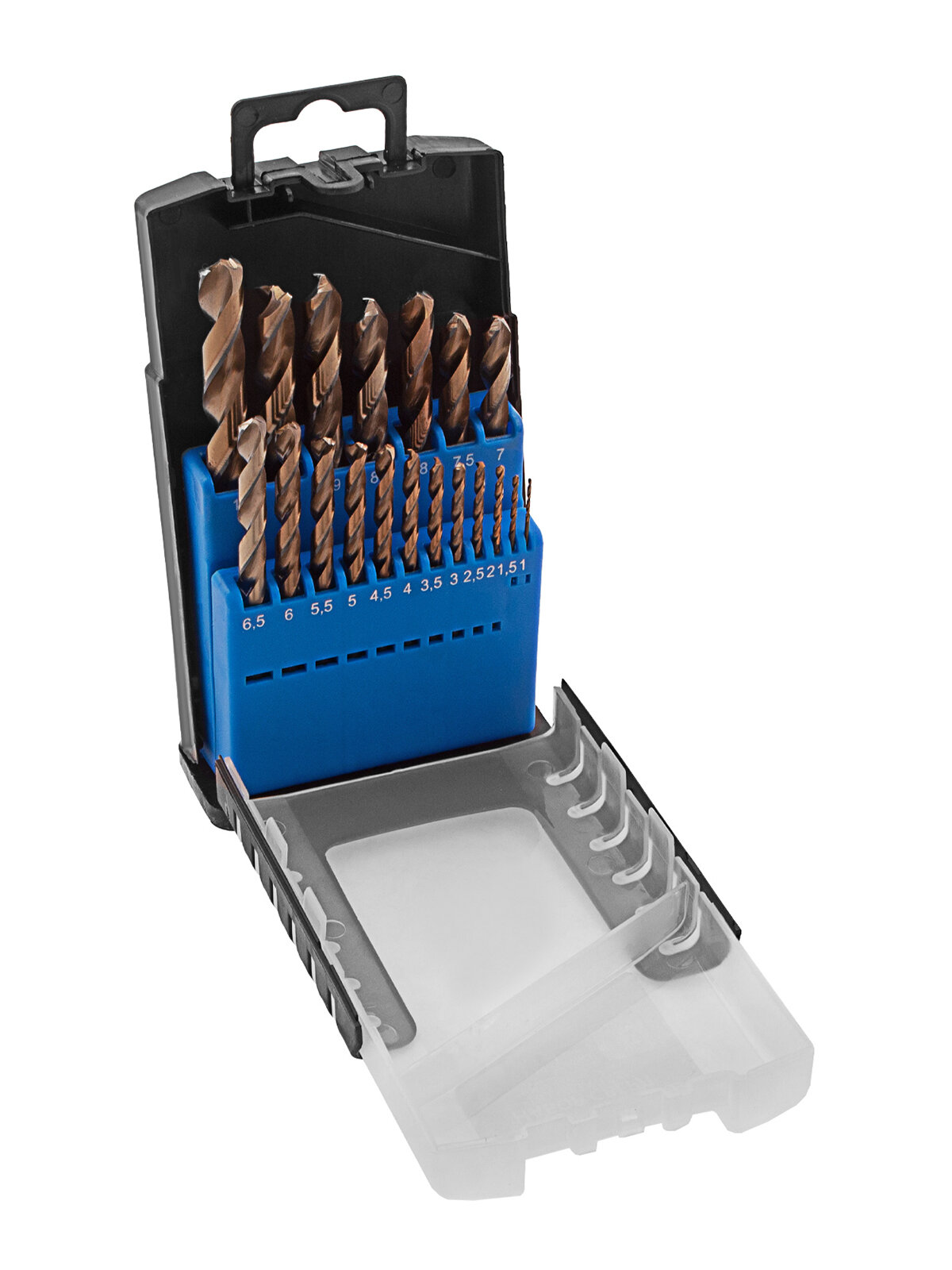 Сверла по металлу Барс, 1-10 мм (через 0.5 мм), 19 шт в боксе, многогранная заточка, 3-гр. хвостовики, сталь Р6М5, 72378