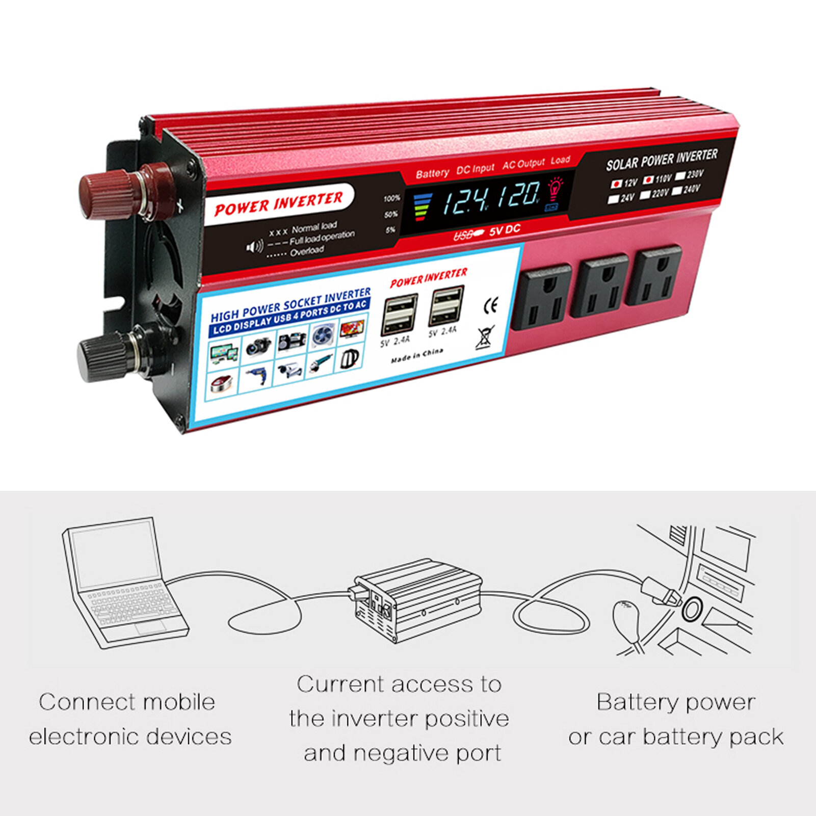Солнечный инвертор с высокой эффективностью, инвертор с синусоидальной волной, преобразователь солнечной энергии для дома, автомобиля, автофургона с ЖК-дисплеем, постоянный ток 12 В в 110 В переменного тока, 450-550 Вт