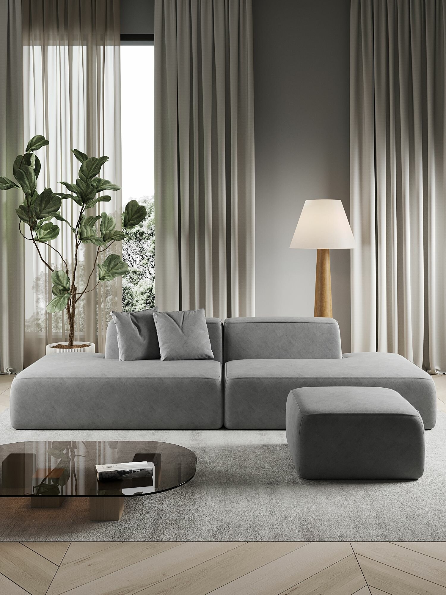 Альтхоум прямой модульный диван с пуфом 250х105х70 см. COSMO 2 + poof Hi LINE-COMPACT серый, велюр