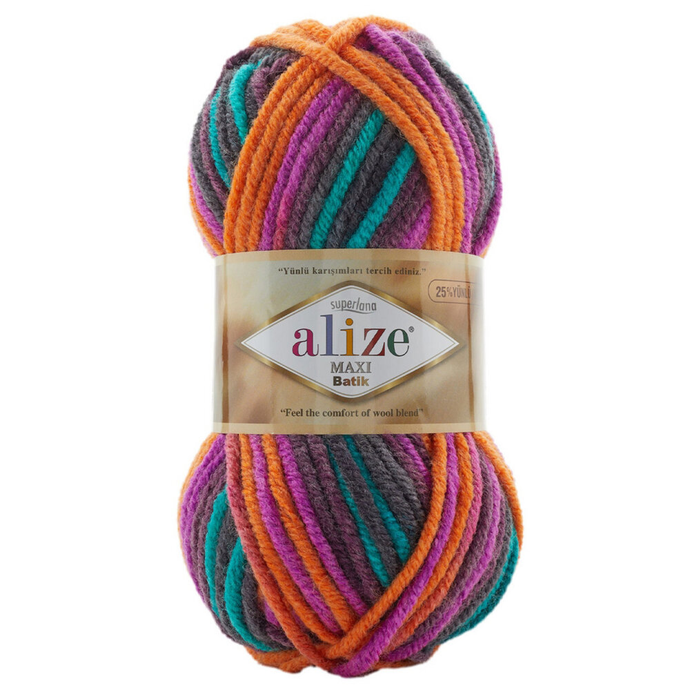 Пряжа для вязания Alize Superlana maxi batik 8025 зеленый оранжевый фиолетовый 100 гр/100 м 25% шерсть, 75% акрил
