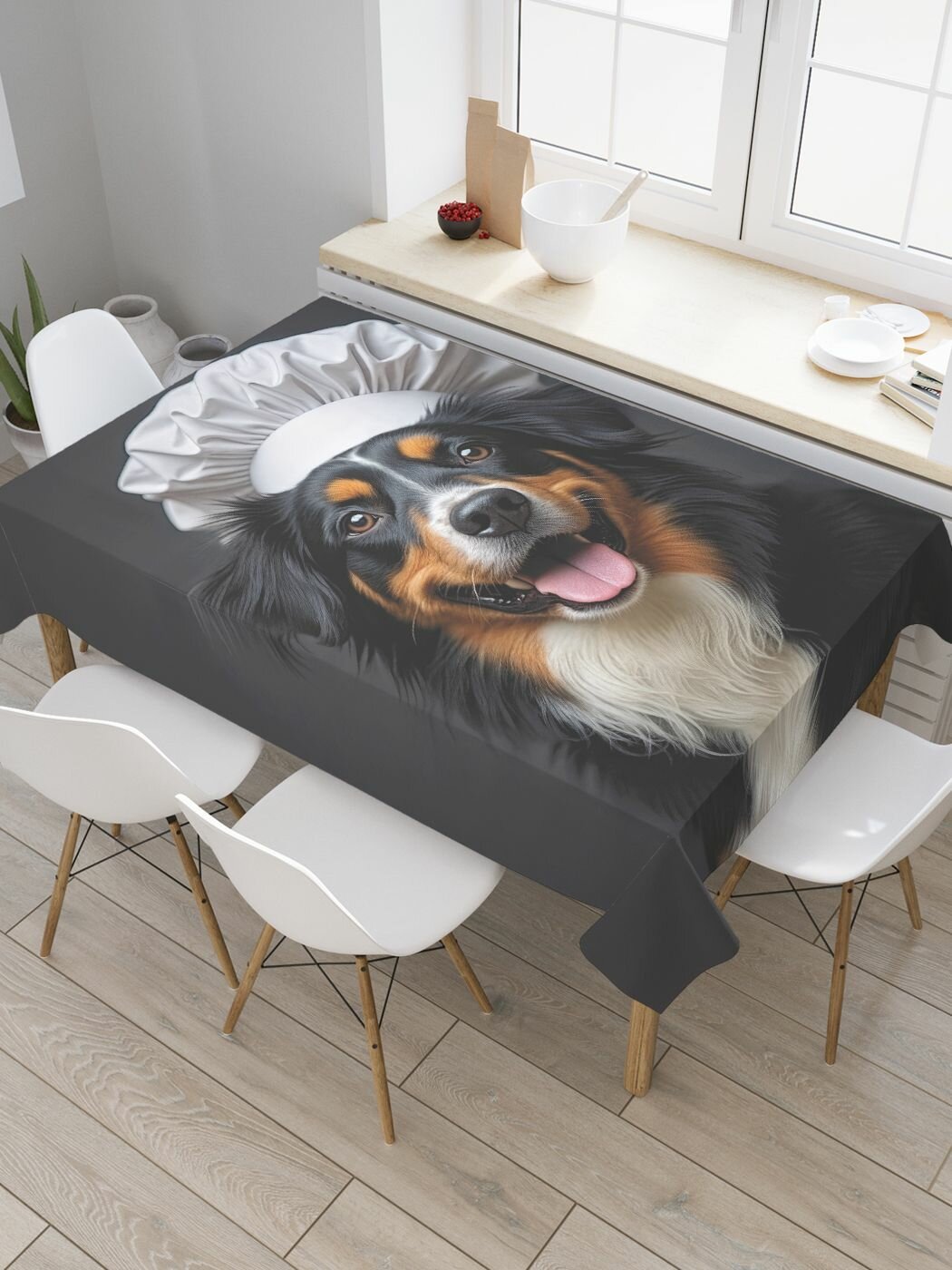 Прямоугольная тканевая скатерть на стол с рисунком "Бордер колли повар" 120 на 145 см, JoyArty