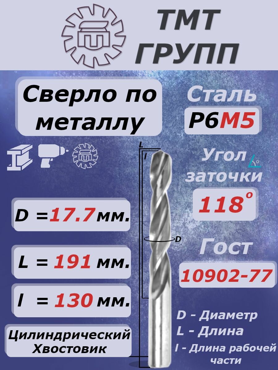 Сверло по металлу, цилиндрический хвостовик, ц/х, 17.7 мм. Р6М5 с*