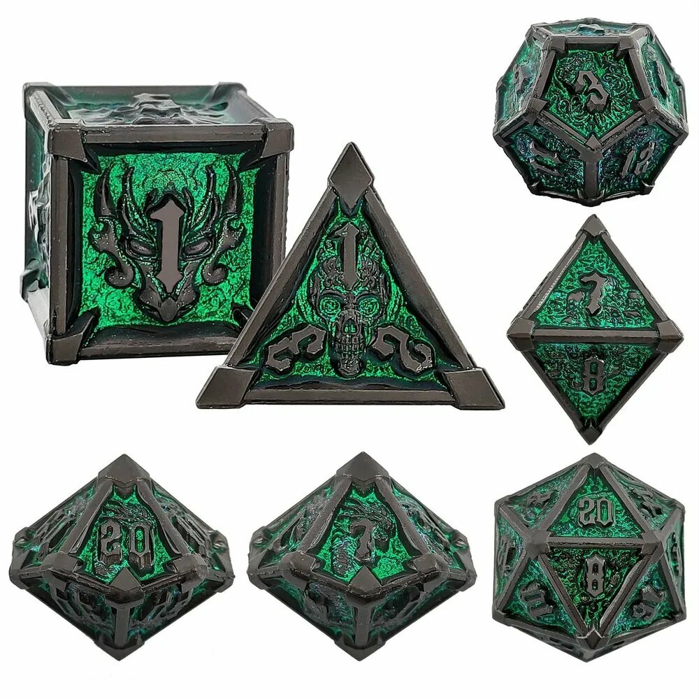 DnD Skull&Dragon Metal Dice Set, кубики метал для DnD и настольных ролевых игр (дайсы ДнД) 7 шт.