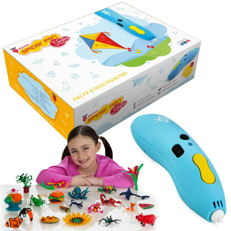 3D-Ручка Spider Pen Baby B001G, пластик, с трафаретами, USB-провод, синий