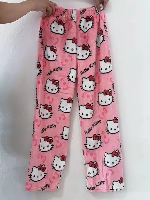 Пижама Sanrio Hello Kitty Y2k Kawaii из фланели, женские теплые шерстяные повседневные домашние брюки с рисунком из мультфильмов, модные брюки на осень и зиму, Size: M 38-48KG