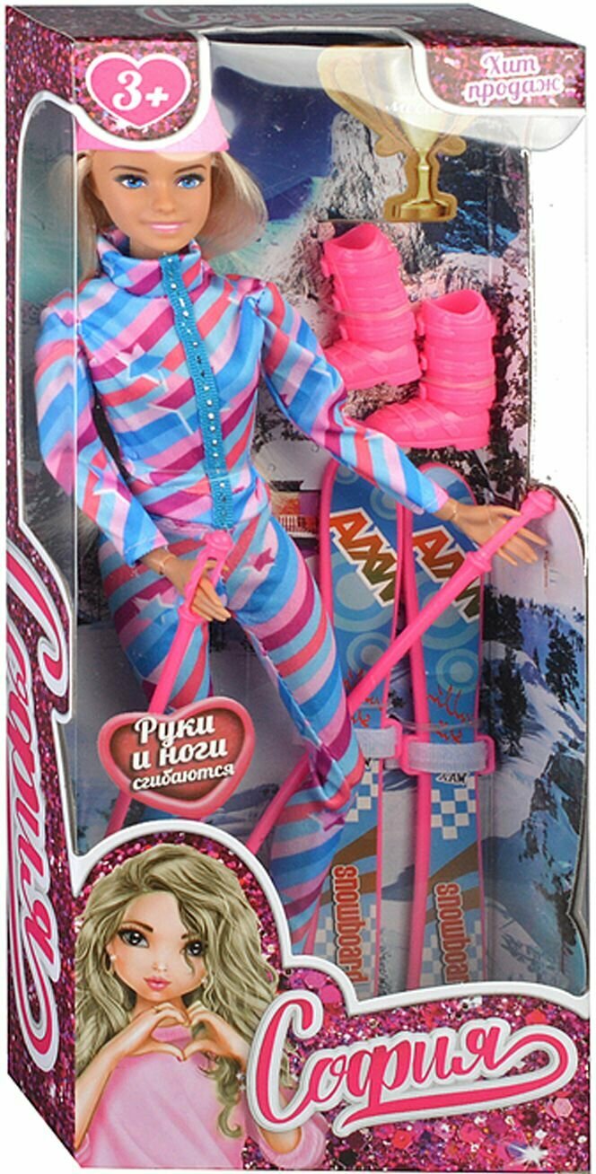 Детская шарнирная кукла "София Лыжница" с аксессуарами, руки ноги сгибаются, высота 29 см, пластиковая куколка принцесса с длинными волосами и подвижными руками и ногами