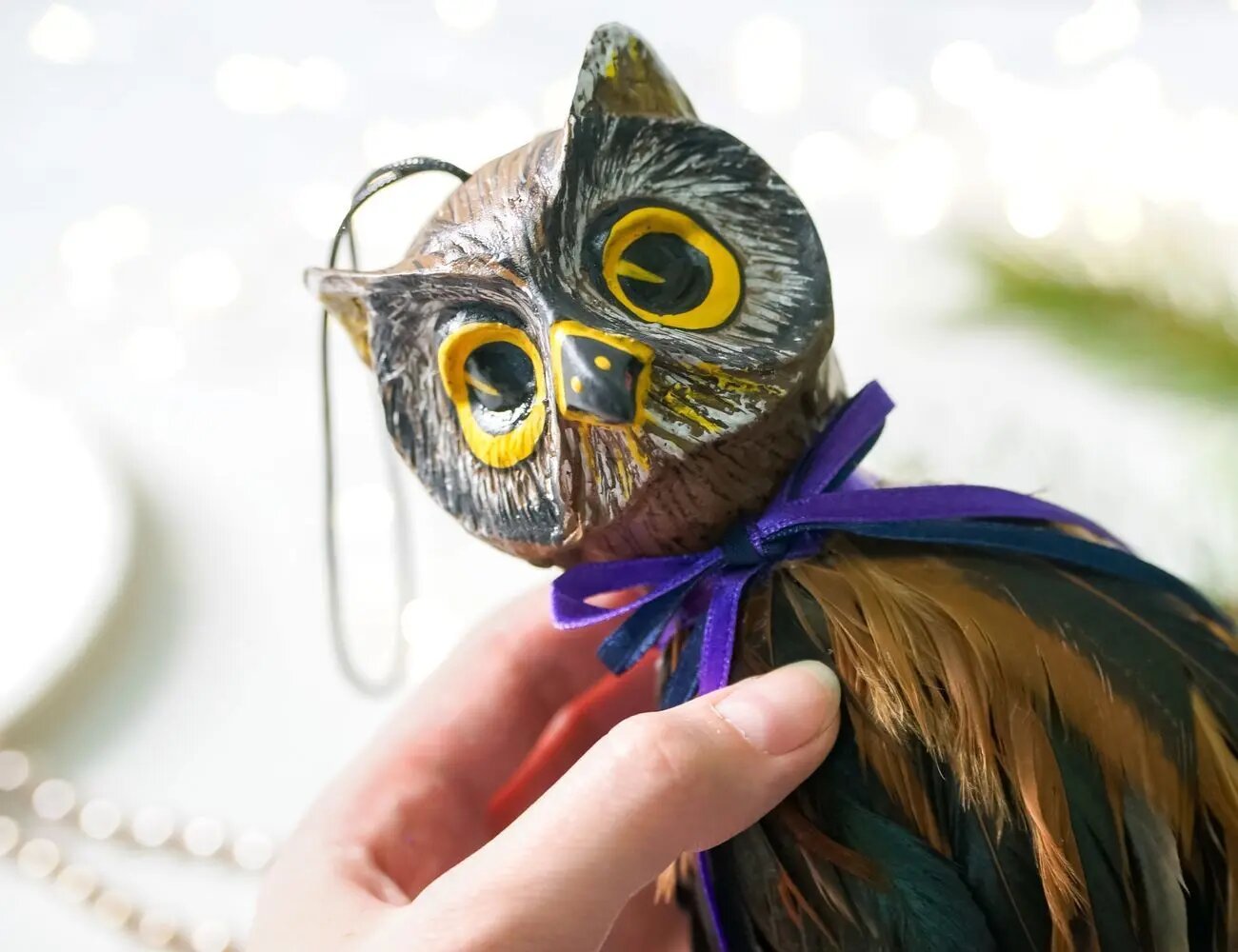 Подвесное декоративное украшение сова айбл, текстиль, перо, 19 см, Winter Deco