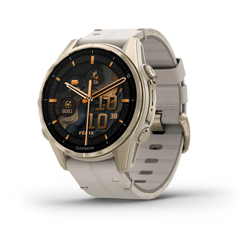 Garmin Fenix 8 43 mm AMOLED Sapphire soft gold with a fog gray leather band 010-02903-40