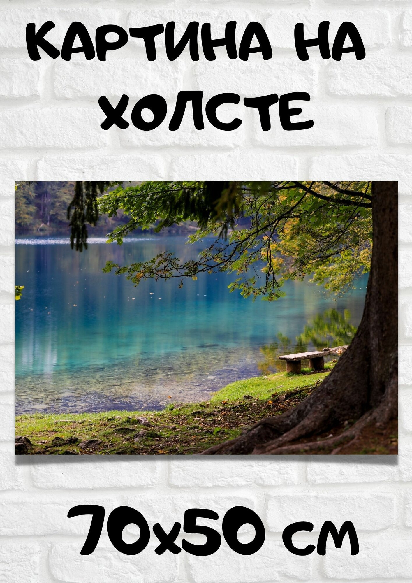 Картина с красивым горным озером на холсте / Озеро фотокартина