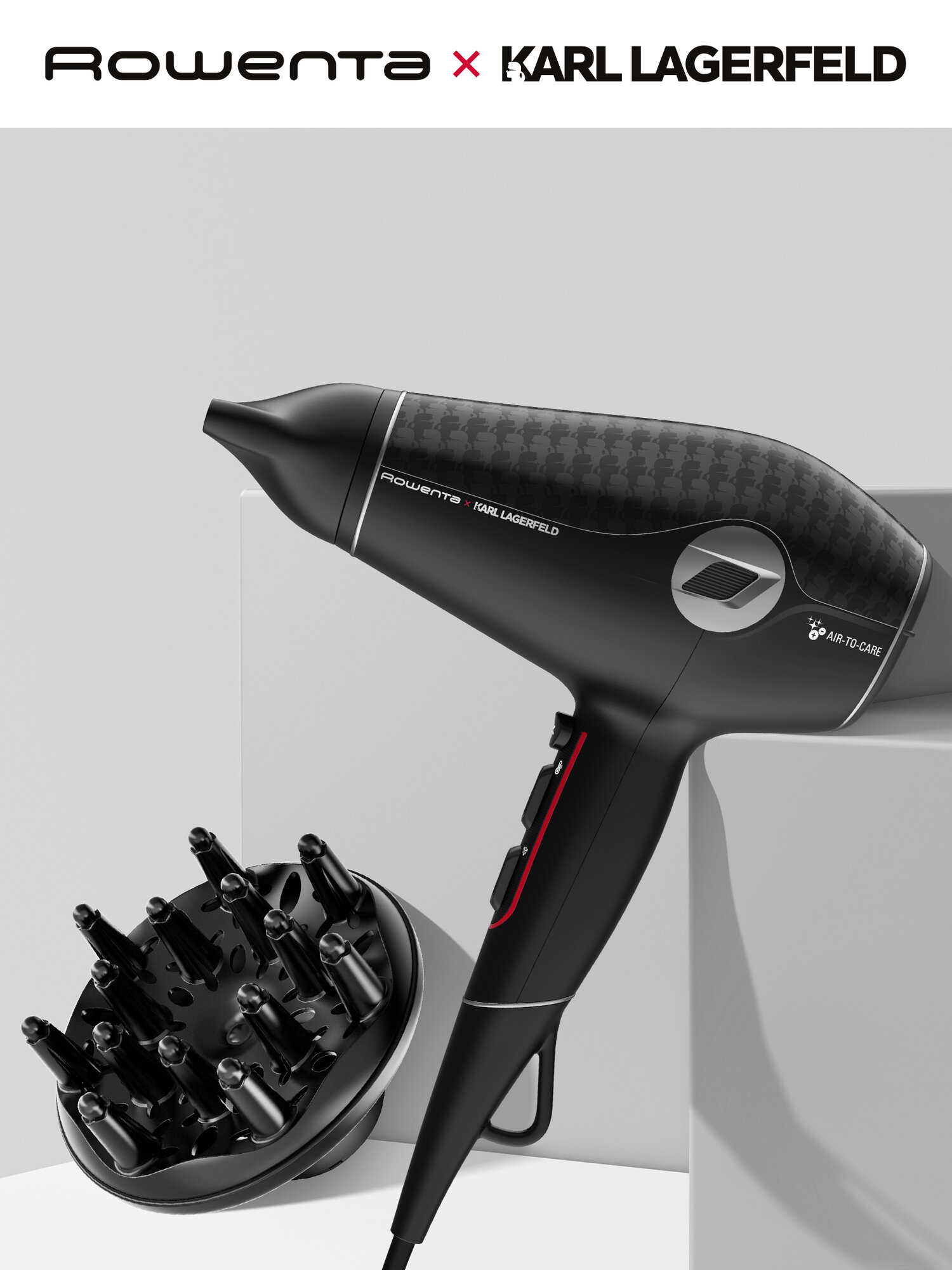 Фен для волос Rowenta Karl Lagerfeld CV613LF0 черный/розовый, 1800 Вт, AC мотор, съёмная задняя решётка, ультра-холодный воздух, диффузор в комплекте