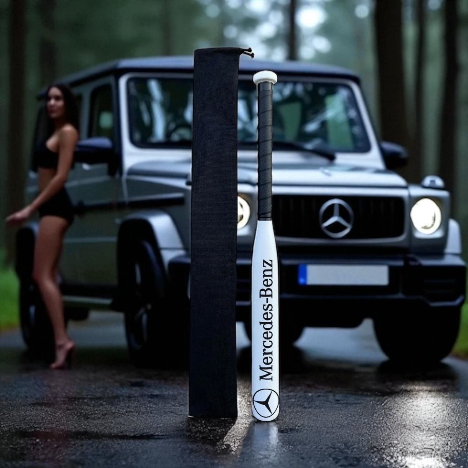 Бита бейсбольная белая с черной рукояткой с логотипом Mercedes-Benz (Мерседес Бенц)