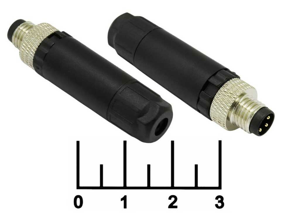 Разъем 3pin штекер влагозащищенный на кабель IP67 M8 (8-I-3M-04A/M8-3A)