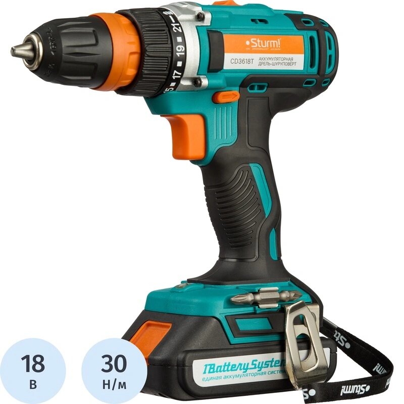 Дрель-шуруповерт аккумуляторная Sturm! 18В, 2х2Ач, съемный патрон (CD3618T)